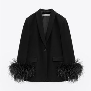 Zara | Jackets & Coats | Zara Feather Trim Pocket Blazer | Poshmark